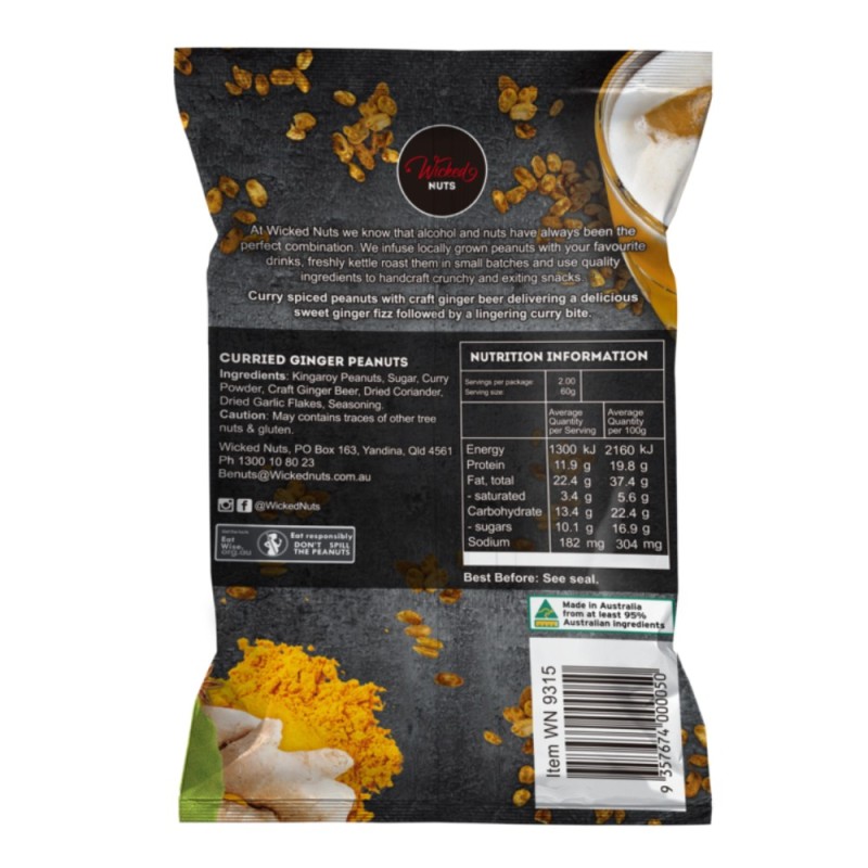 Wicked Nuts Kettle Roasted Ginger Beer and Curry Peanuts 120g | DadShop